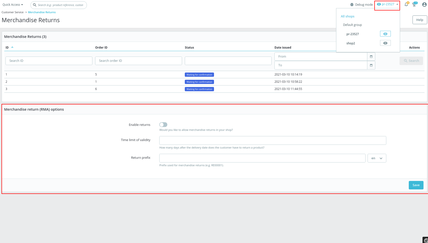 BO - Multistore - Merchandise Returns - The Multistore block & checkboxes are not displayed when ...