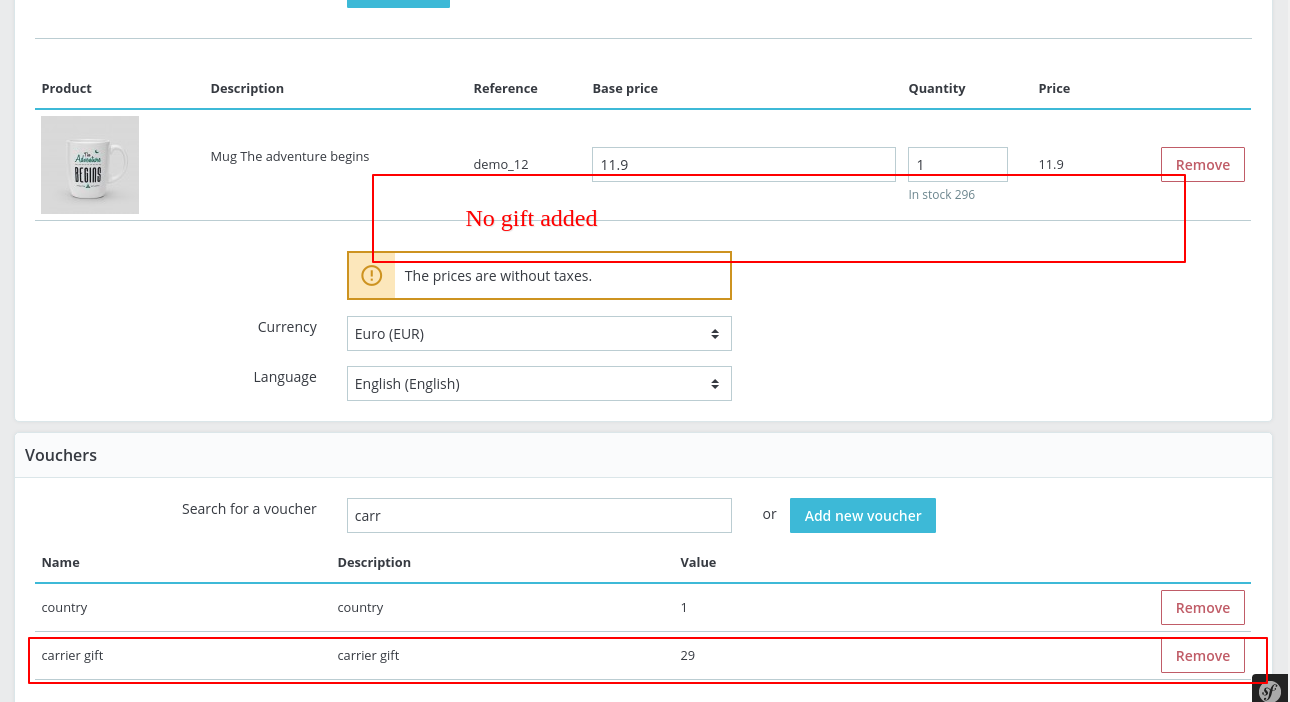 BO - Add new Order page - The gift block is not updated when changing the Address - A cart rule ...