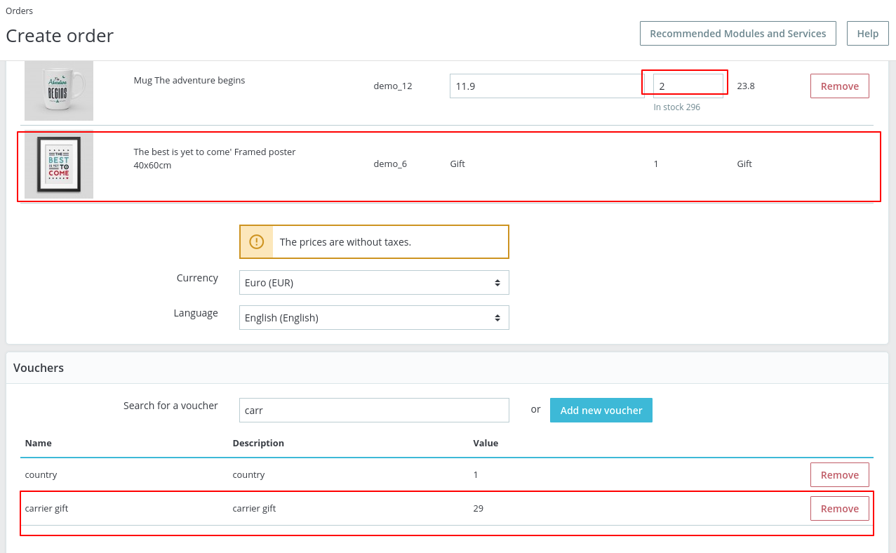 BO - Add new Order page - The gift block is not updated when changing the Address - A cart rule ...