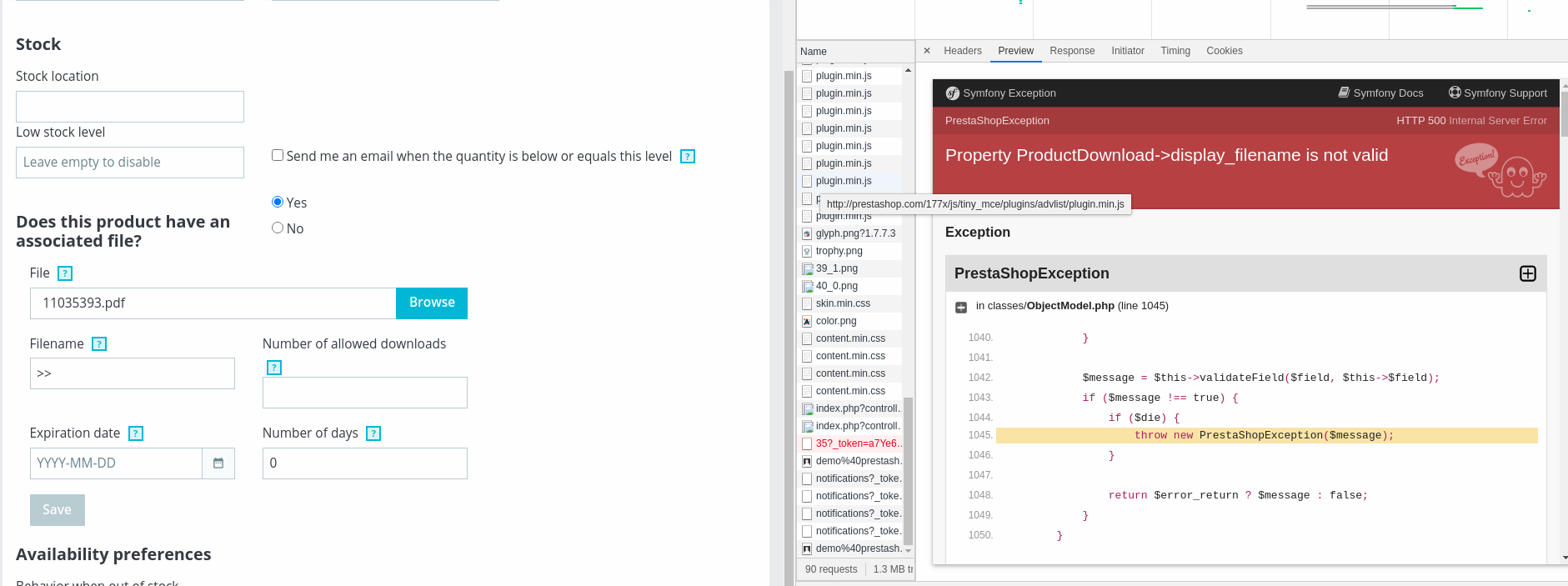 BO - Virtual Product - an exception is displayed when we save a filename & nb_days_accessible ...