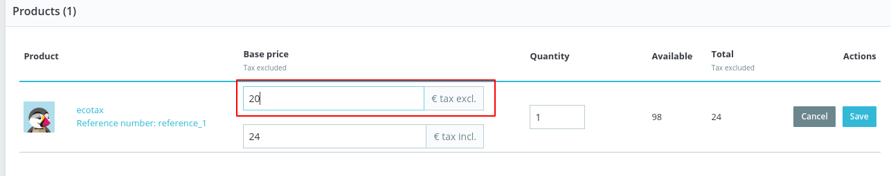 BO - Orders page - Ecotax issue - Price display method = Tax ecluded - the base price is changed ...