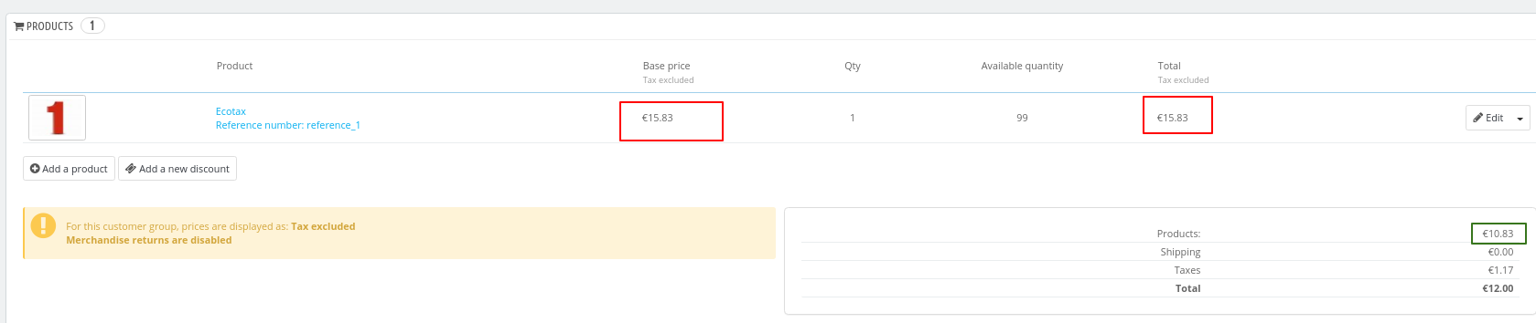 BO - Orders page - Ecotax issue - Price display method = Tax ecluded - the base price is changed ...