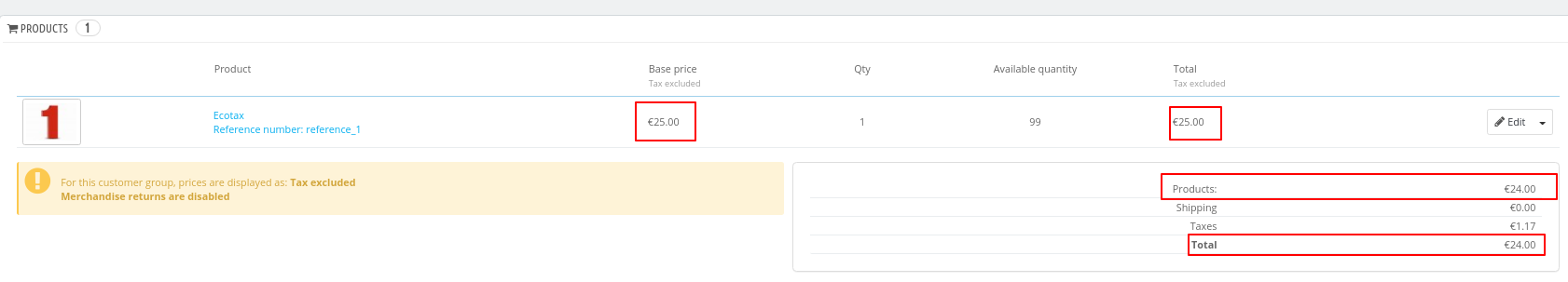BO - Orders page - Ecotax issue - Price display method = Tax ecluded - the base price is changed ...