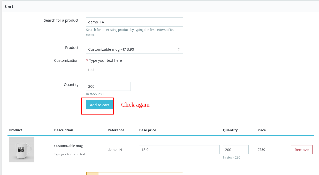 BO - Add new Order page - We can add to the cart an out of stock not allowed customized product ...