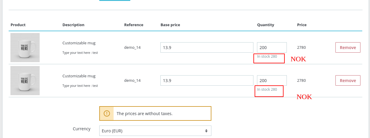 BO - Add new Order page - We can add to the cart an out of stock not allowed customized product ...