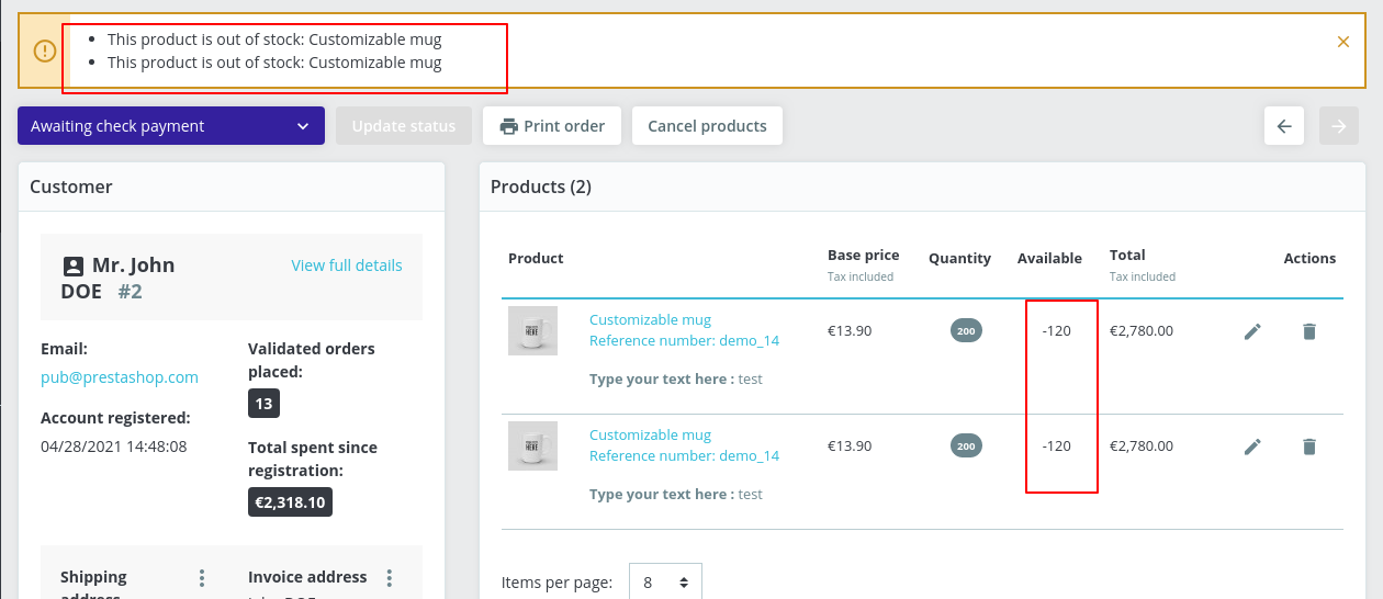 BO - Add new Order page - We can add to the cart an out of stock not allowed customized product ...