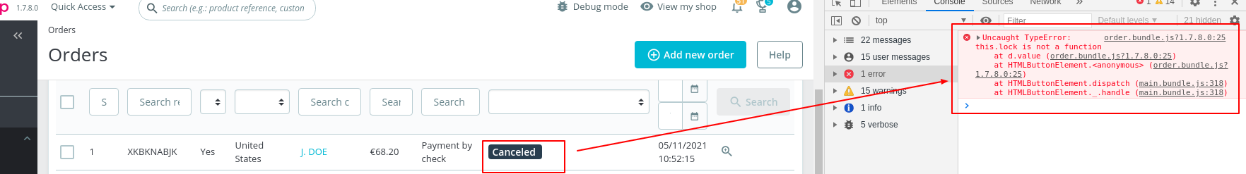 BO - Orders list page - An error is displayed in the console when changing the order status ...