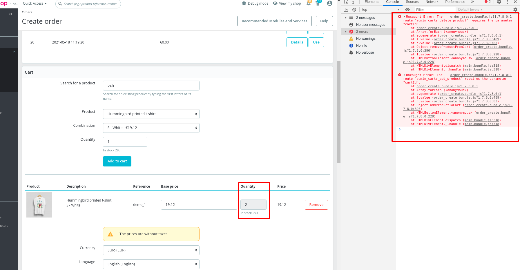 BO - Add new Order page - Changing the Product quantity freeze the page · Issue #24554 ...