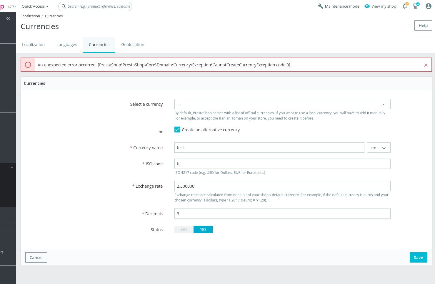 BO - Currencies page - Cannot create an alternative currency after an upgrade from PS1744 and ...