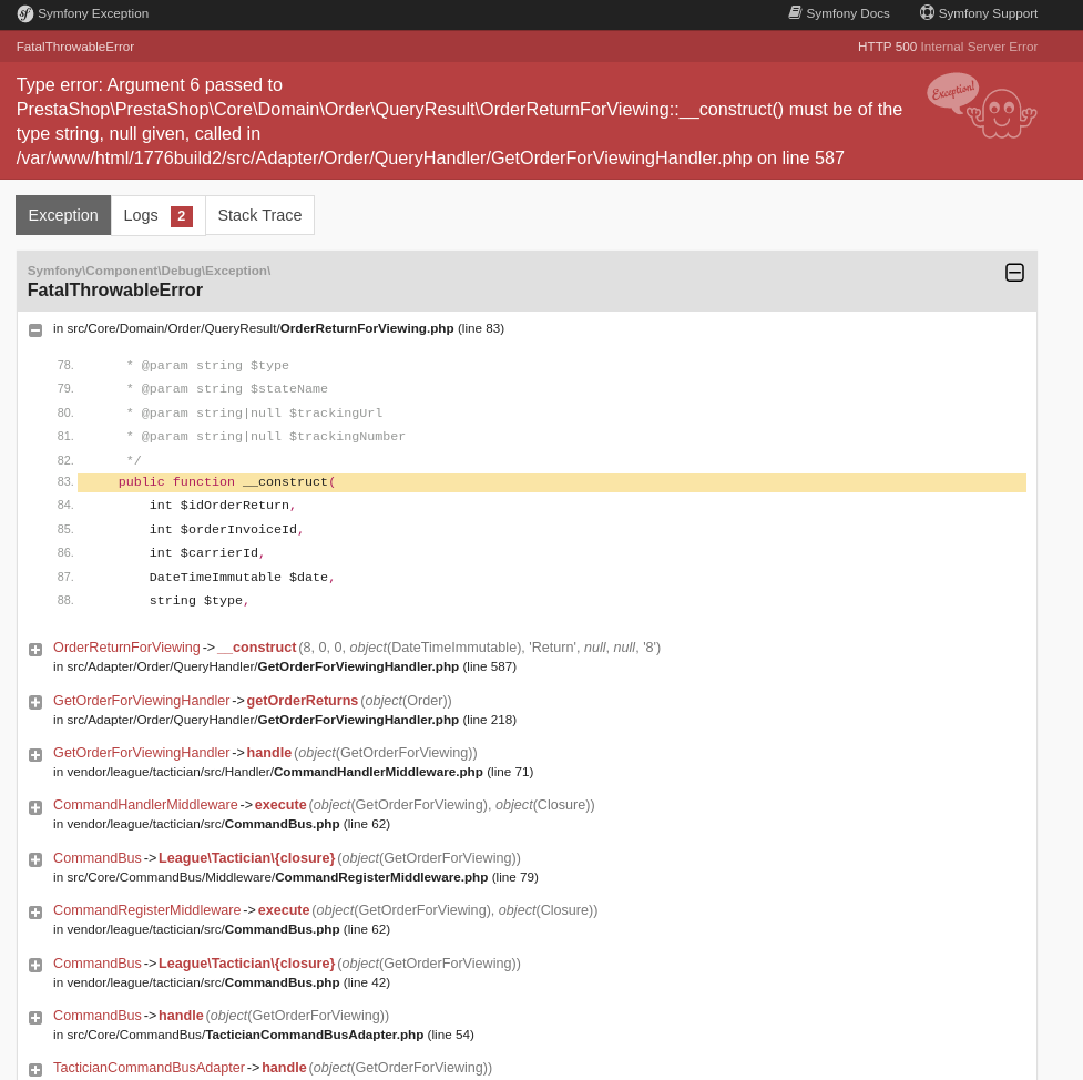 BO - Order details page - an exception is displayed when status of the "merchandise return" is ...