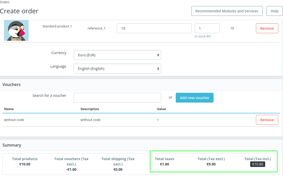 BO - Add new Order page - Summary block - Total taxes & Total (Tax excl.) & Total (Tax incl ...