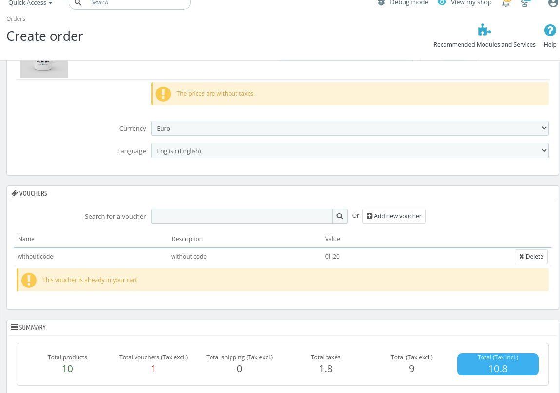 BO - Add new Order page - Summary block - Total taxes & Total (Tax excl.) & Total (Tax incl ...