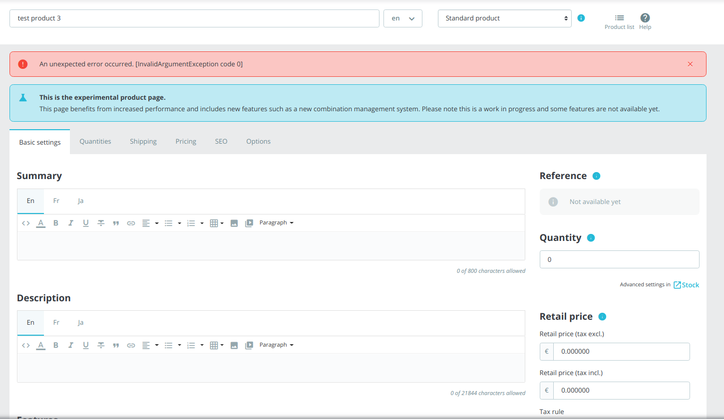 BO - Product V2 - An exception is displayed when creating a product with ecotax enabled · Issue ...