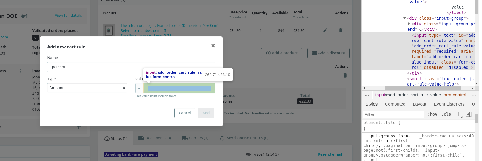 BO - Orders page - Cannot add a voucher - the Add button is disabled · Issue #25627 · PrestaShop ...