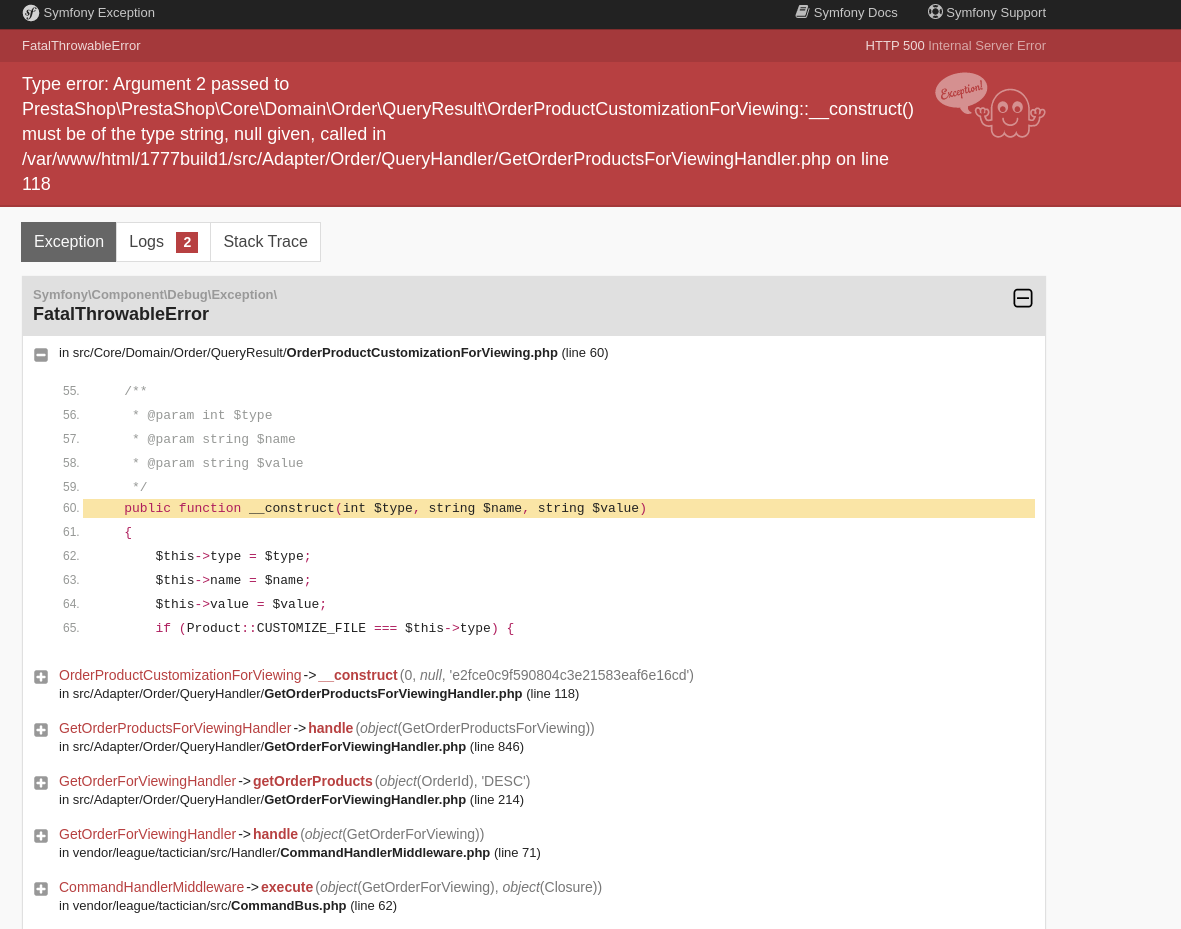 BO - Order page - Debug mode enabled - an exception is displayed when ordering a deleted product ...