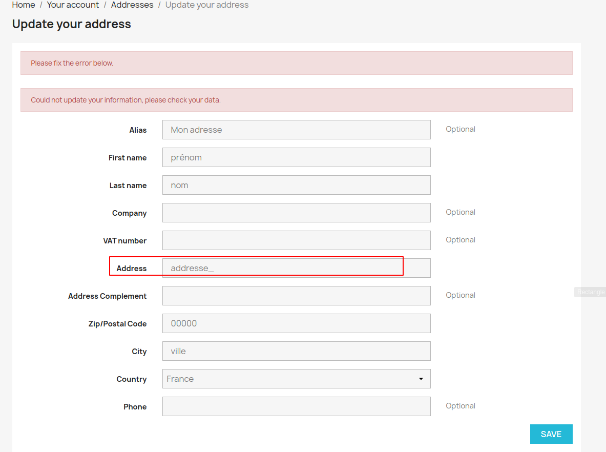 FO - Your account - Add/Edit Addresses - unclear alert when we have ...