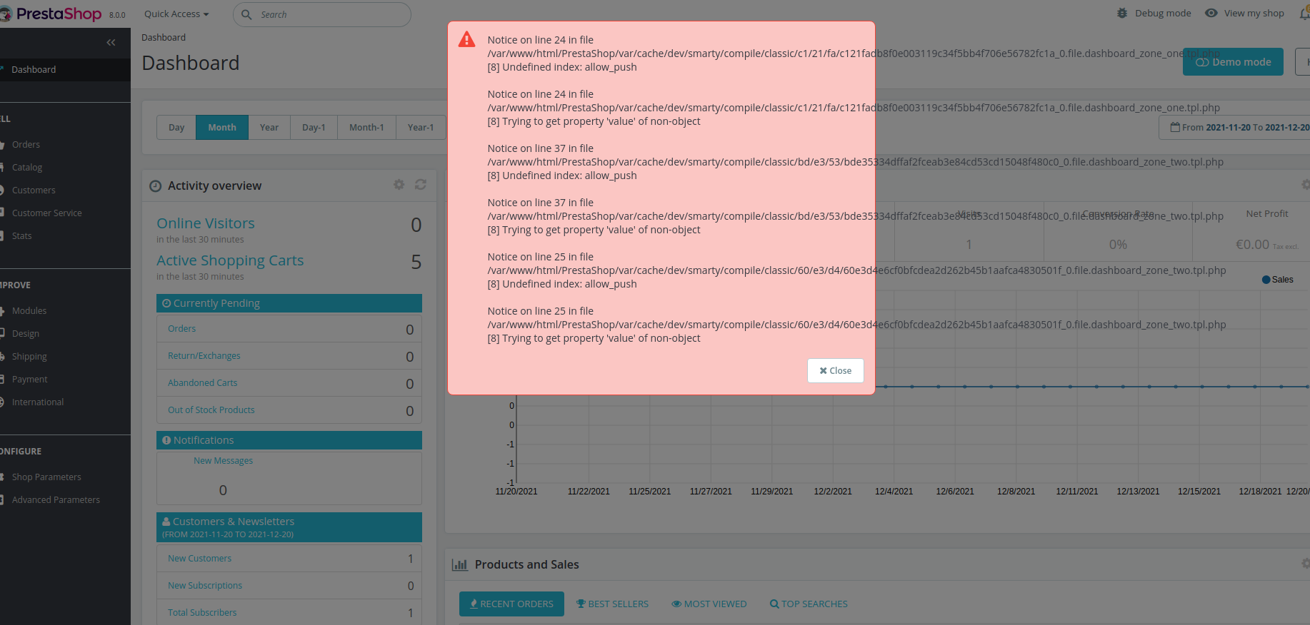 BO - Dashboard - errors are displayed when debug mode is enabled · Issue #27028 · PrestaShop ...