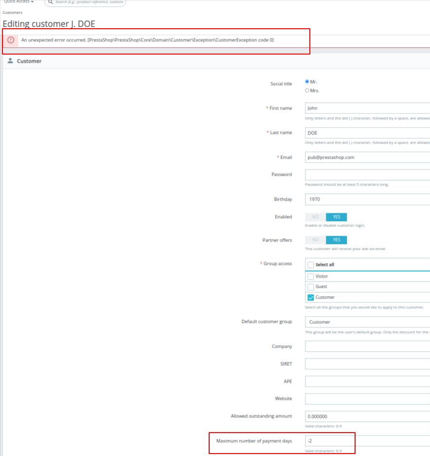BO - Customers page - An exception is displayed when "Maximum number of payment days" invalid ...