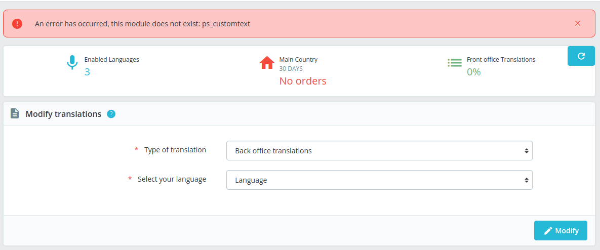 BO - Translations - An error is displayed when we try to modify the translation of a module ...