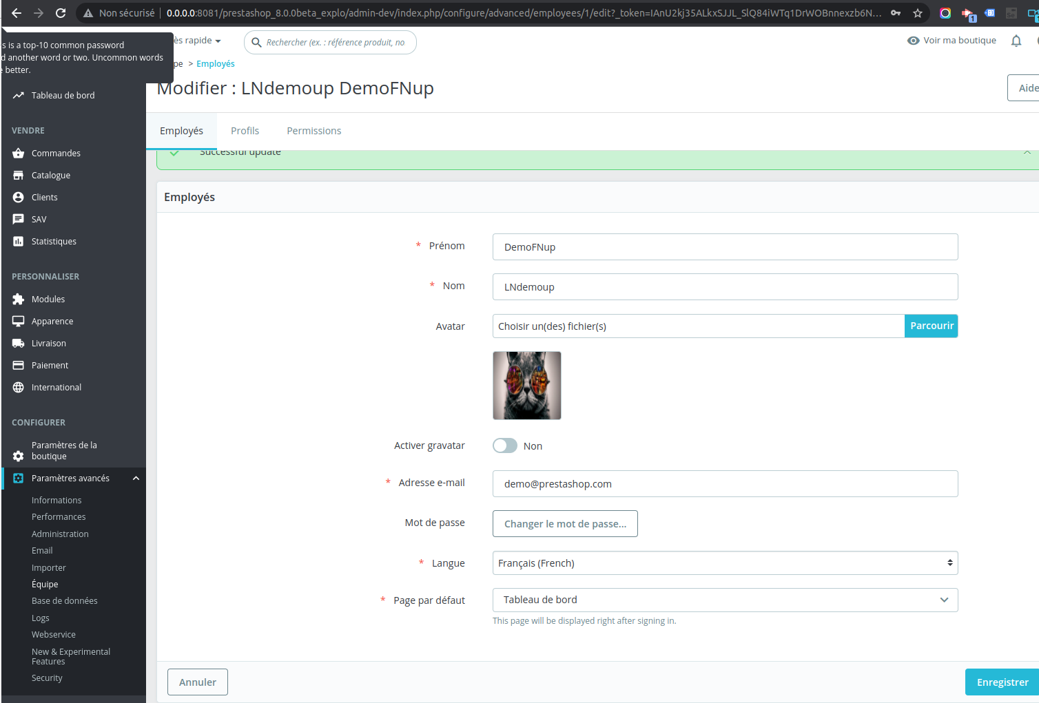 BO - Employee page - The alert is not well displayed when we cancel the modification of the ...