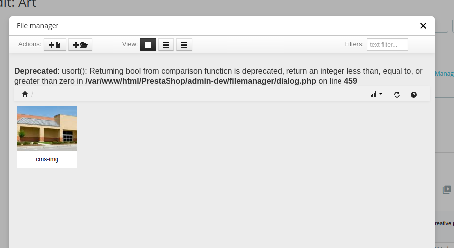 [PHP8.1] - BO - A warning is displayed in the File manager after resetting the sort and the ...
