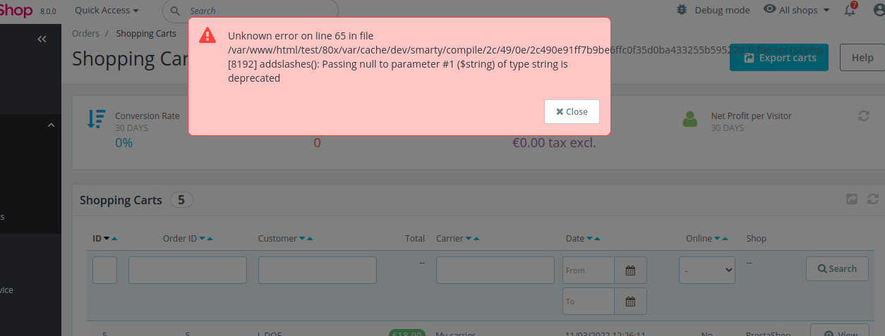 [PHP8.1] - An error is displayed in the BO > Shopping carts page when debug mode enabled · Issue ...
