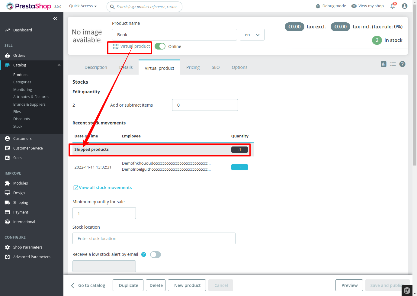 The label "Shipped products" is not correct in the movement section when ordering a virtual ...