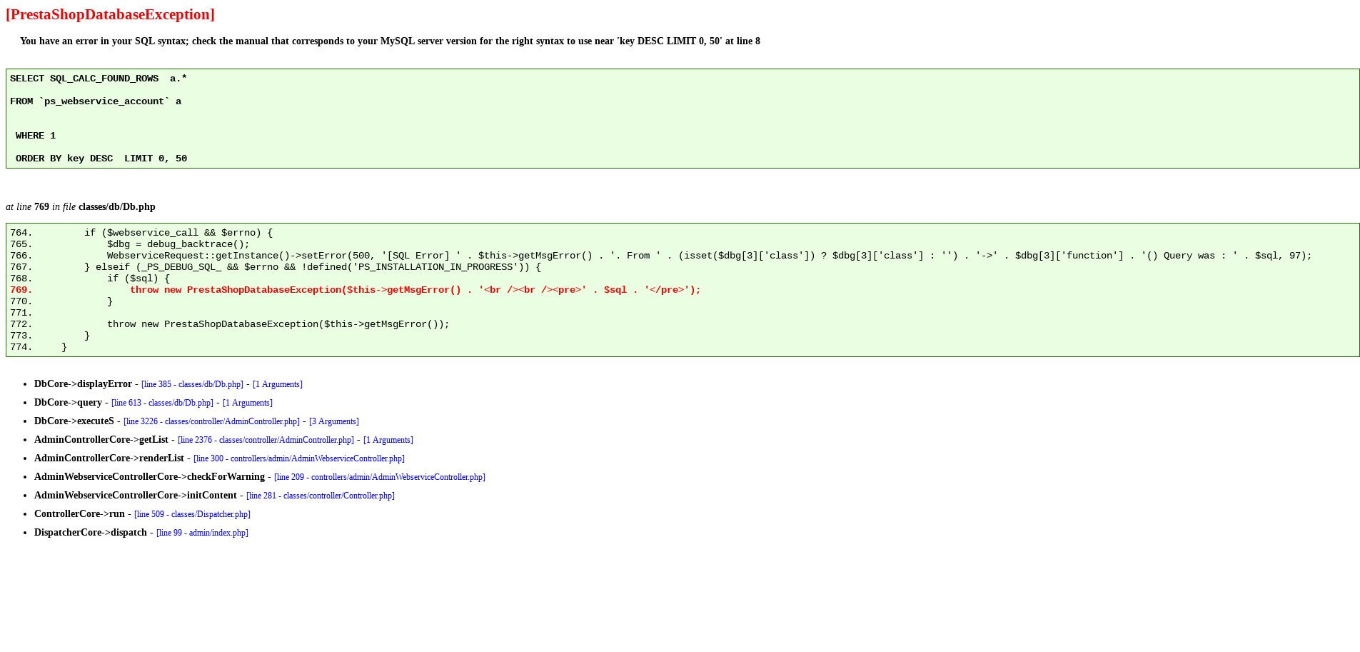 Webservice page - Sorting by Key causes an exception · Issue #11178 · PrestaShop/PrestaShop · GitHub