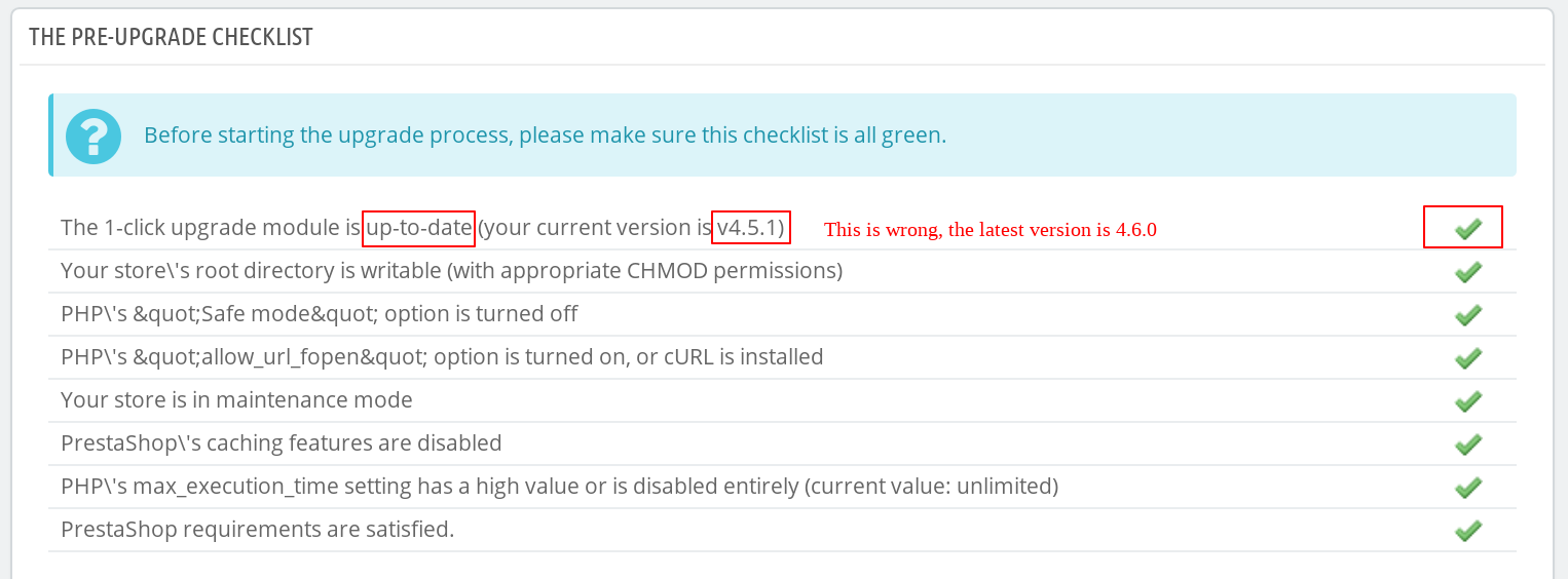 The auto-upgrade module is indicated as being up to date when it is not ...