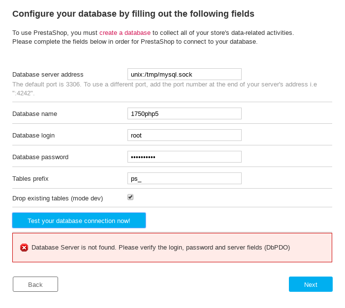 PS 1.7.5.1 does not install properly using unix sockets. Doctrine threws an SQLSTATE[HY000 ...