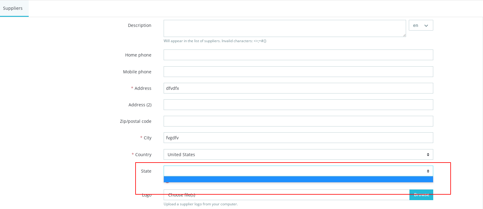 Cannot create or update a supplier with a country which contains states ...