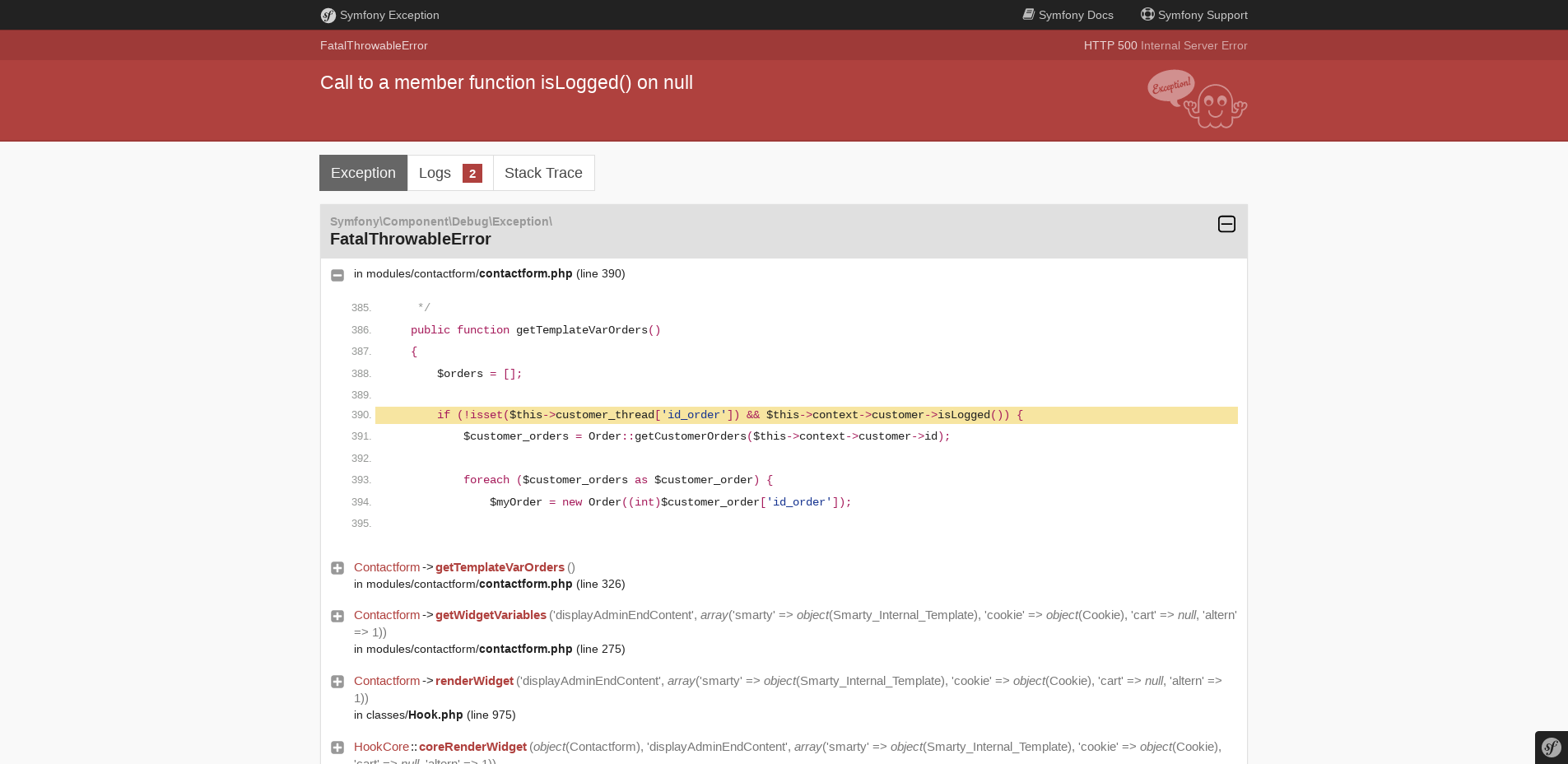 Exception - Transplant the contactform module to the displayAdminEndContent hook · Issue #17707 ...