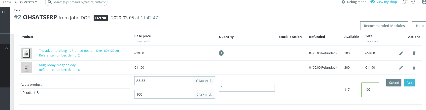 Bug in displayed discount when adding product (linked to a coupon) to an existing order from BO ...