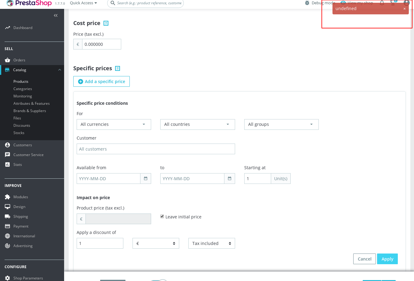 BO - Product page - Cannot add a specific price · Issue #18751 · PrestaShop/PrestaShop · GitHub