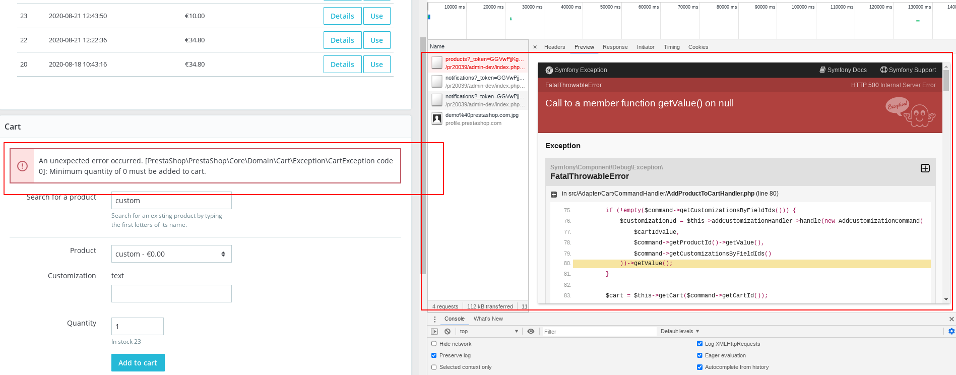 BO - Orders page - An exception is displayed when we try to add a customized product · Issue ...