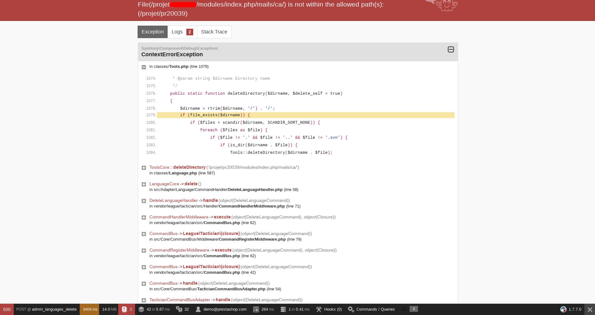 Deleting languague fails with open_basedir restriction in effect · Issue #20682 · PrestaShop ...