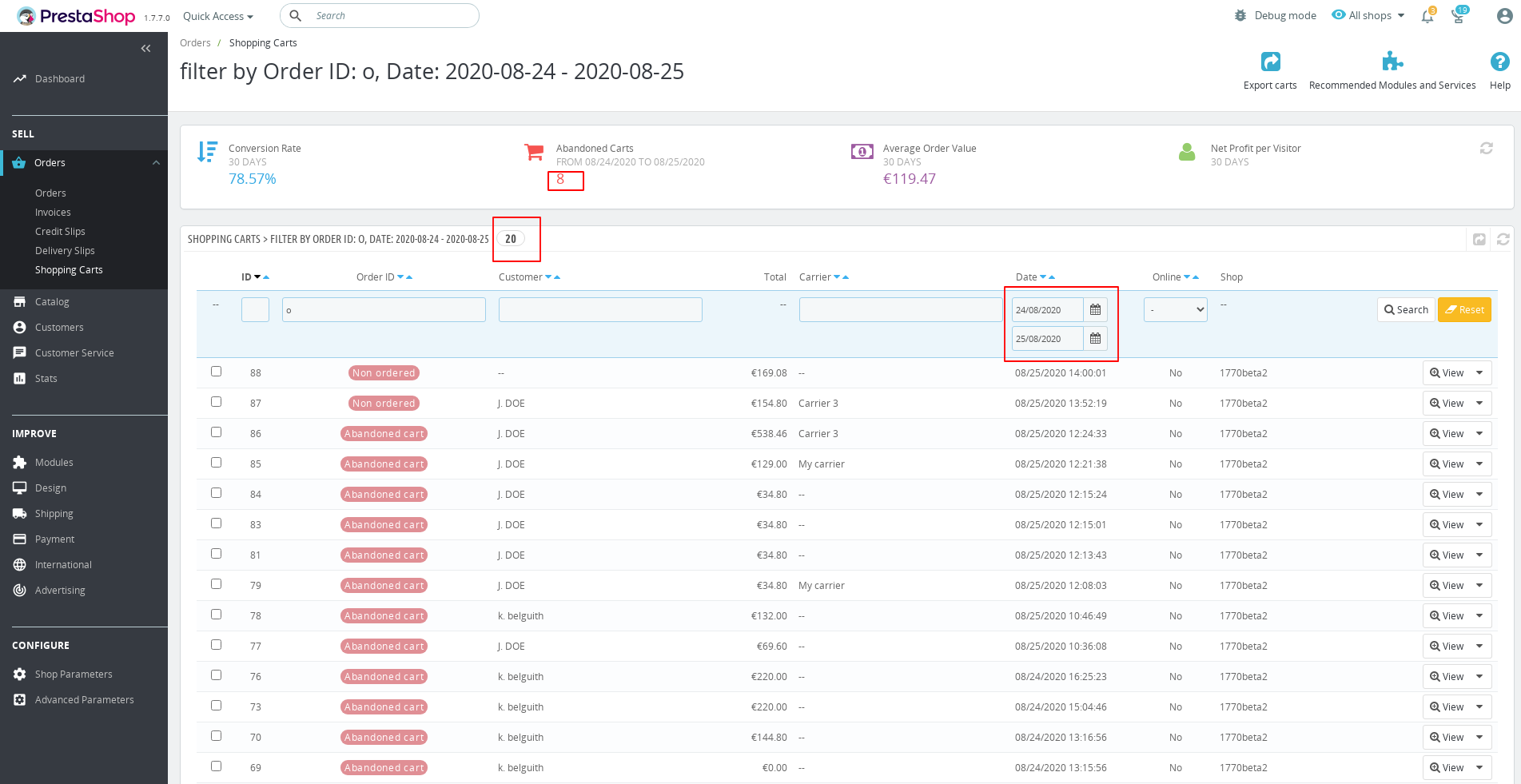 BO - Shopping carts page - an exception ids displayed - statistics · Issue #20727 · PrestaShop ...