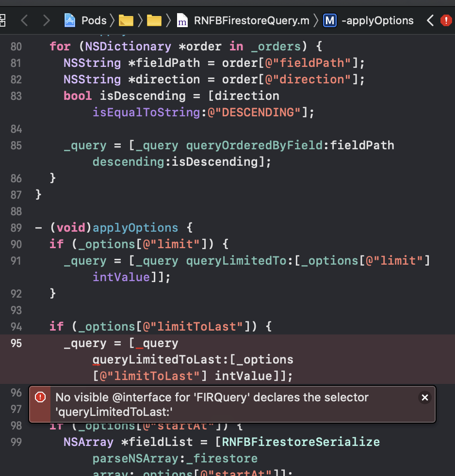 No visible @interface for 'FIRQuery' declares the selector 'queryLimitedToLast:' · Issue #3927 ...
