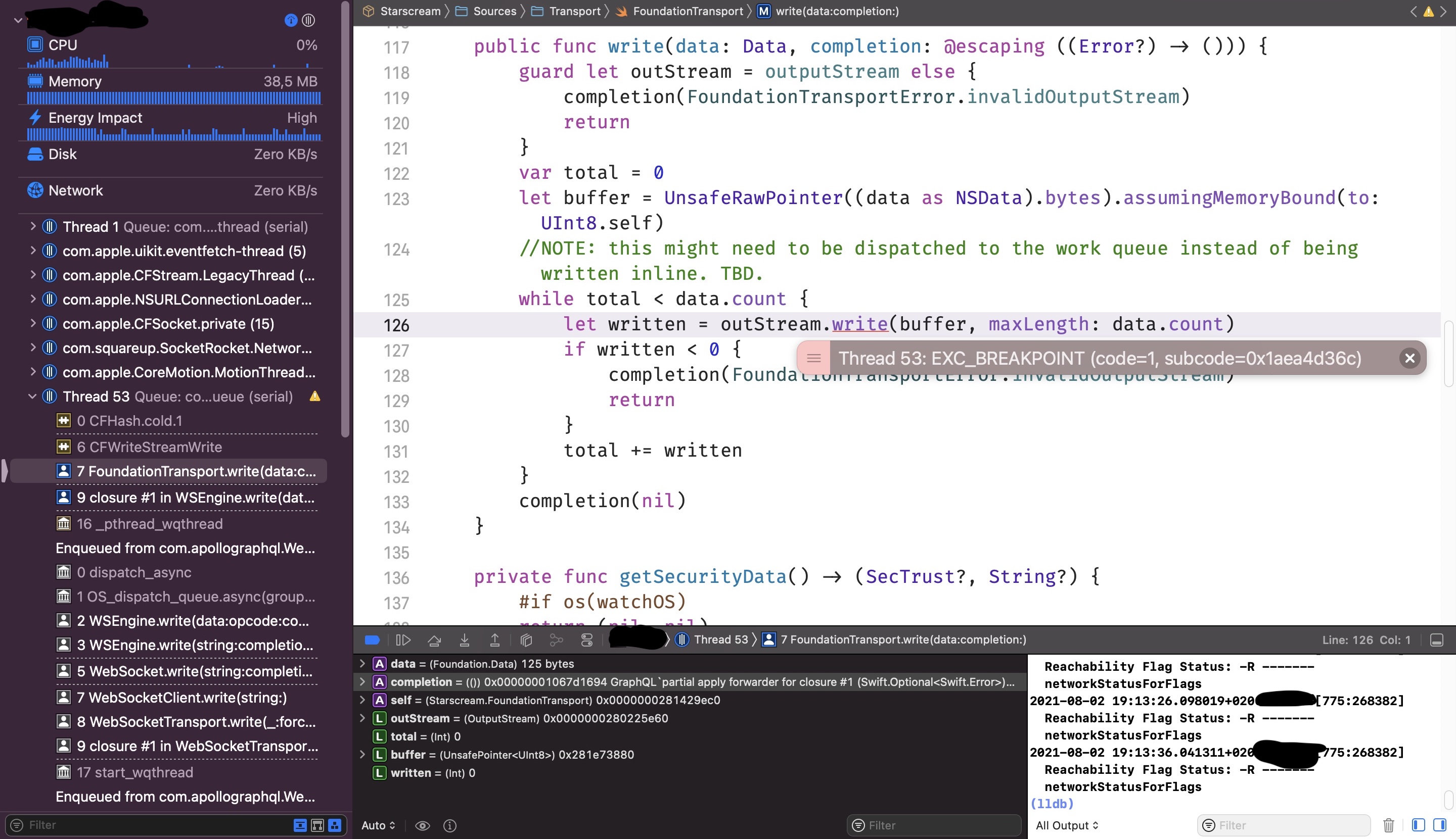 Crash in FoundationTransport.write · Issue #921 · daltoniam/Starscream · GitHub