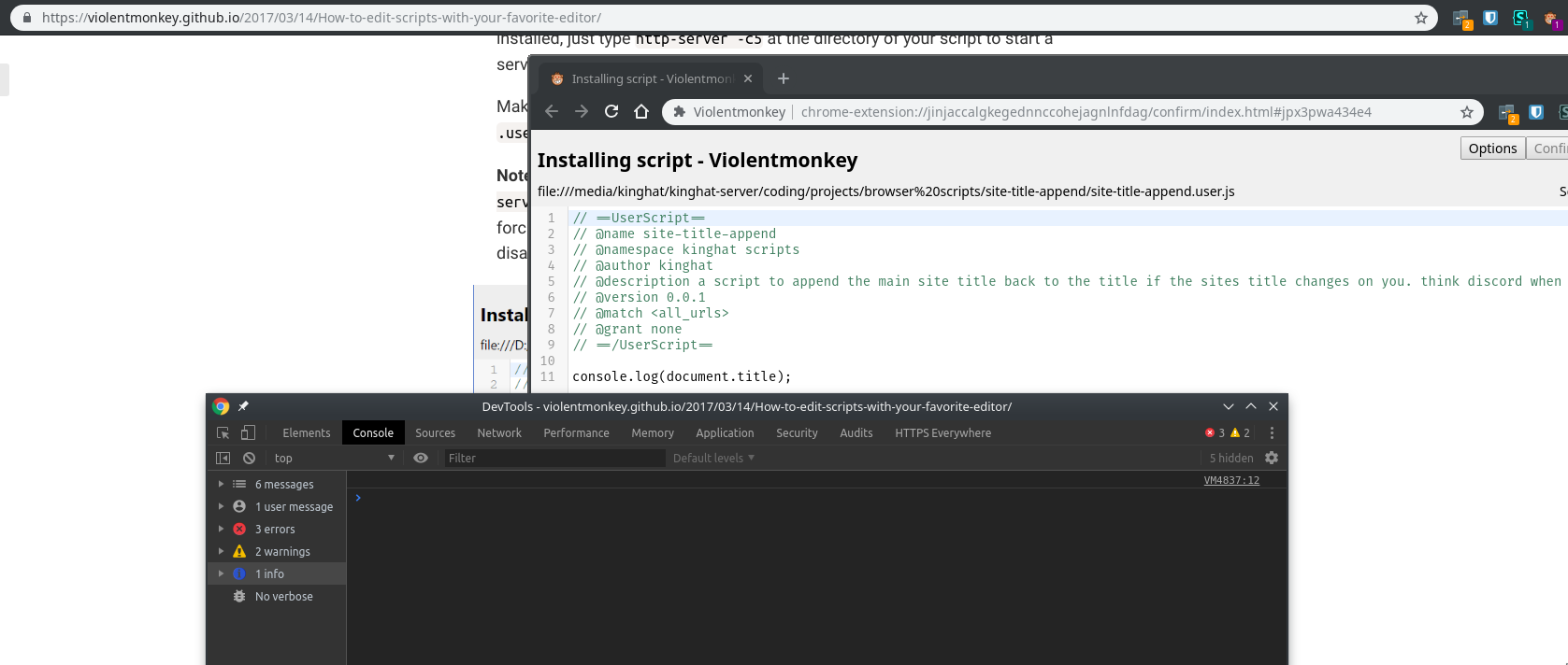 simple script works in TM but not VM · Issue #489 · violentmonkey/violentmonkey · GitHub