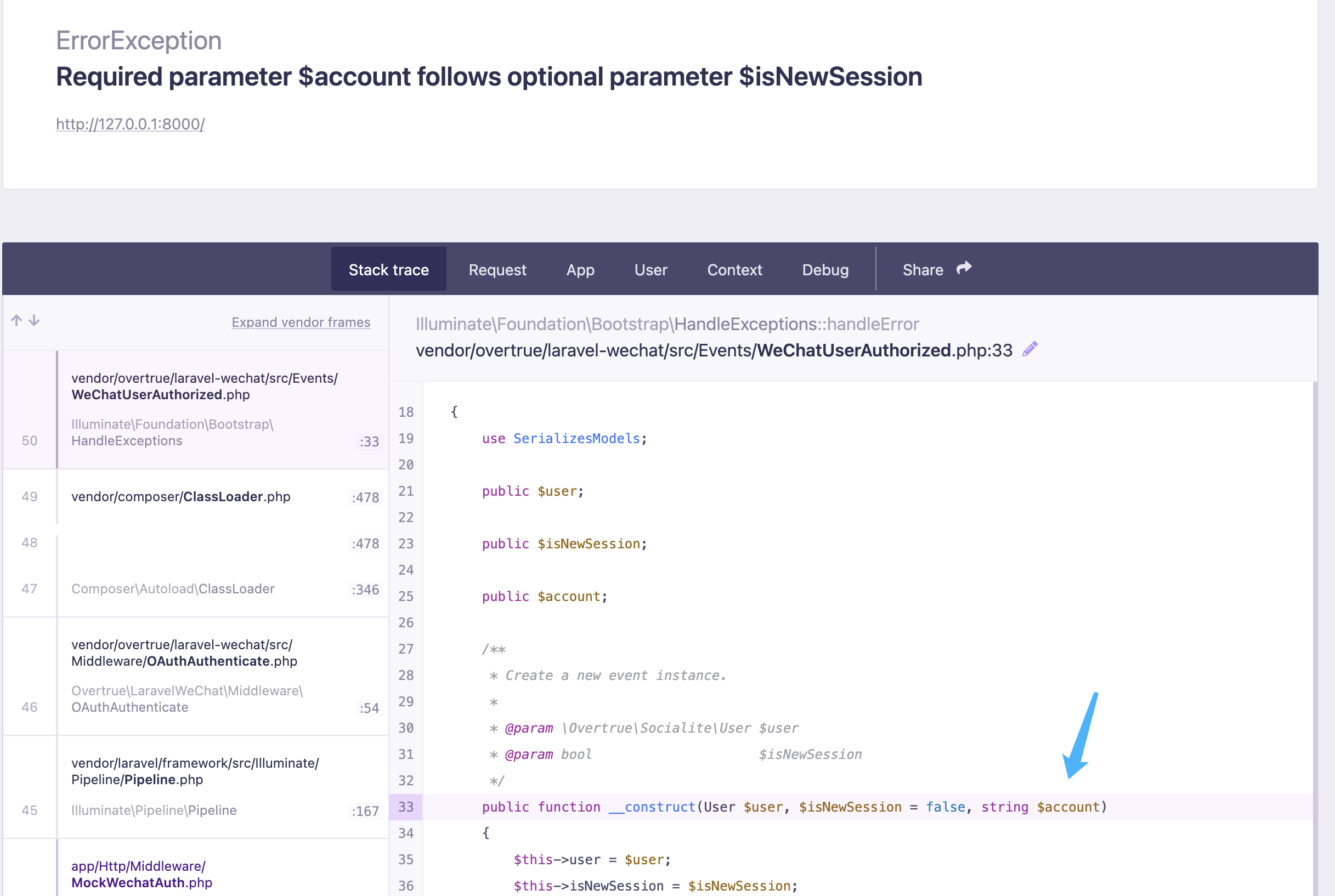 Required parameter $account follows optional parameter $isNewSession · Issue #416 · overtrue ...