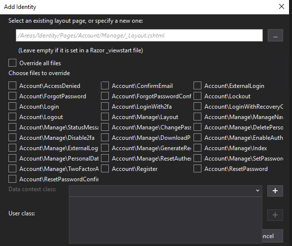 Identity Library fail to choose the Data context class and User Class in Add Identity Window ...