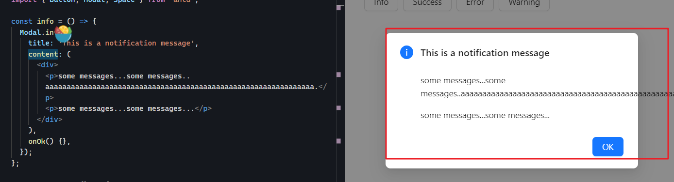 使用 Modal.info(), content 属性中的内容较长时，会超出 Modal 边界 · Issue #39247 · ant ...