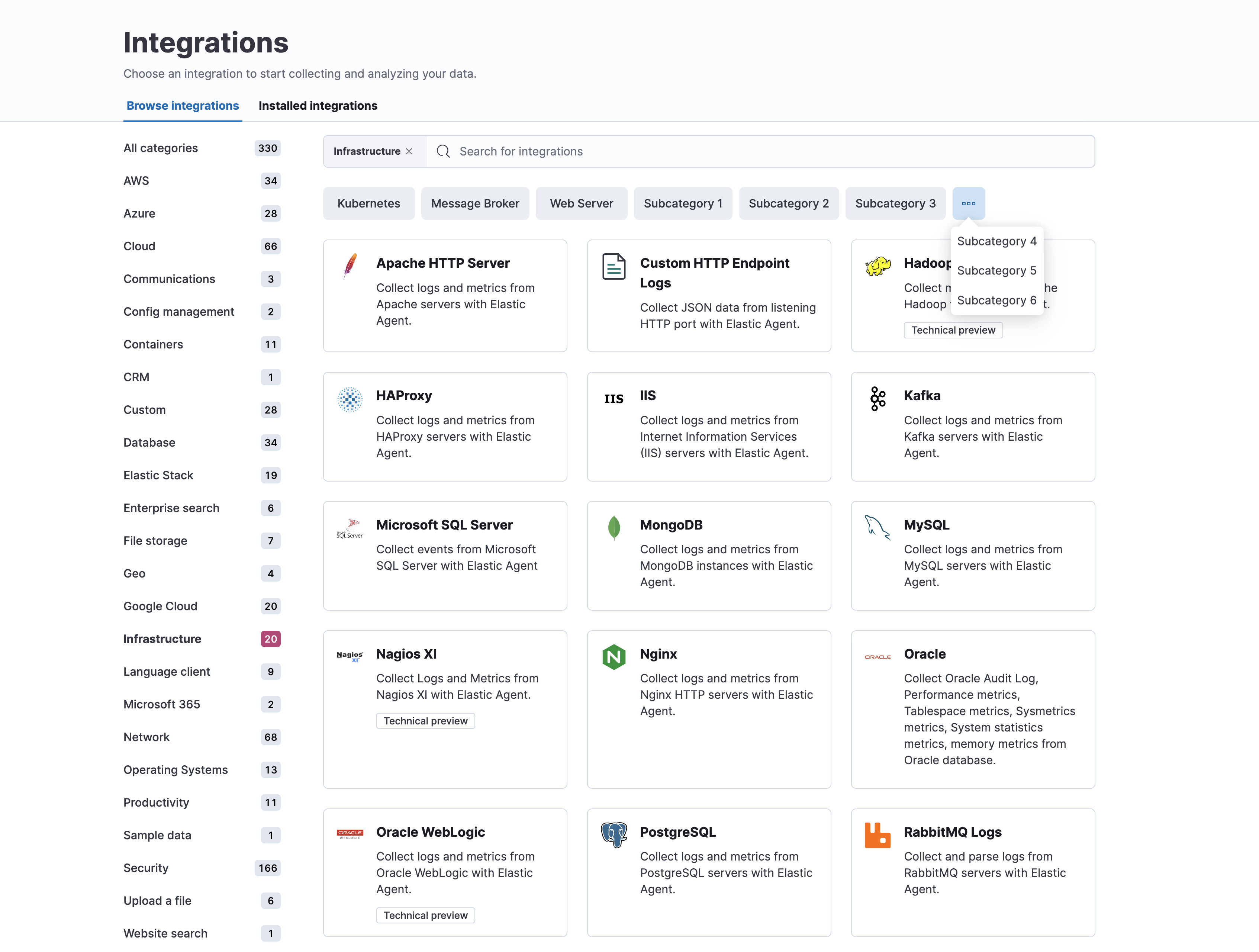 [Fleet] Implement new category/subcategory UI · Issue #147125 · elastic/kibana · GitHub