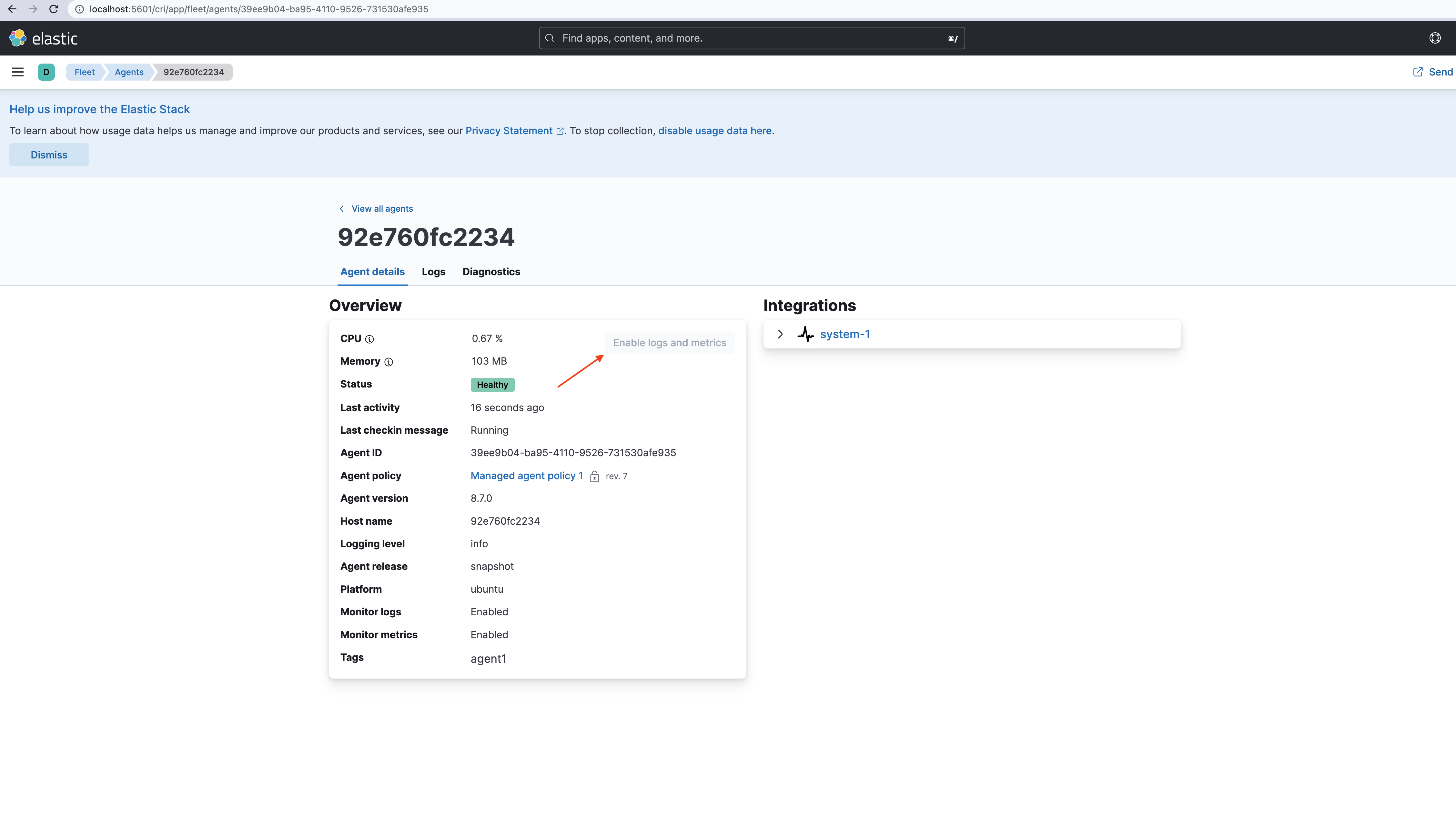 [Fleet]: `Enable logs and metrics` button is enabled for hosted fleet server. · Issue #152978 ...