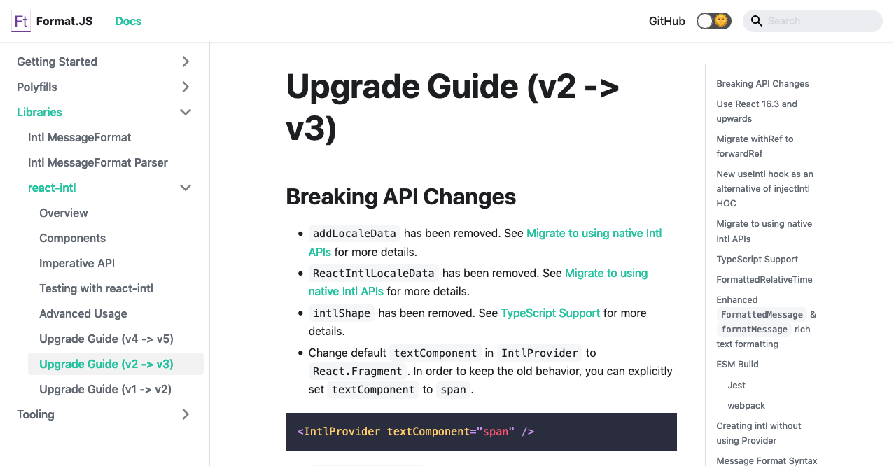 Upgrade Guide For V3 V4 Is Missing On Website · Issue 1819 · Formatjs Formatjs · Github