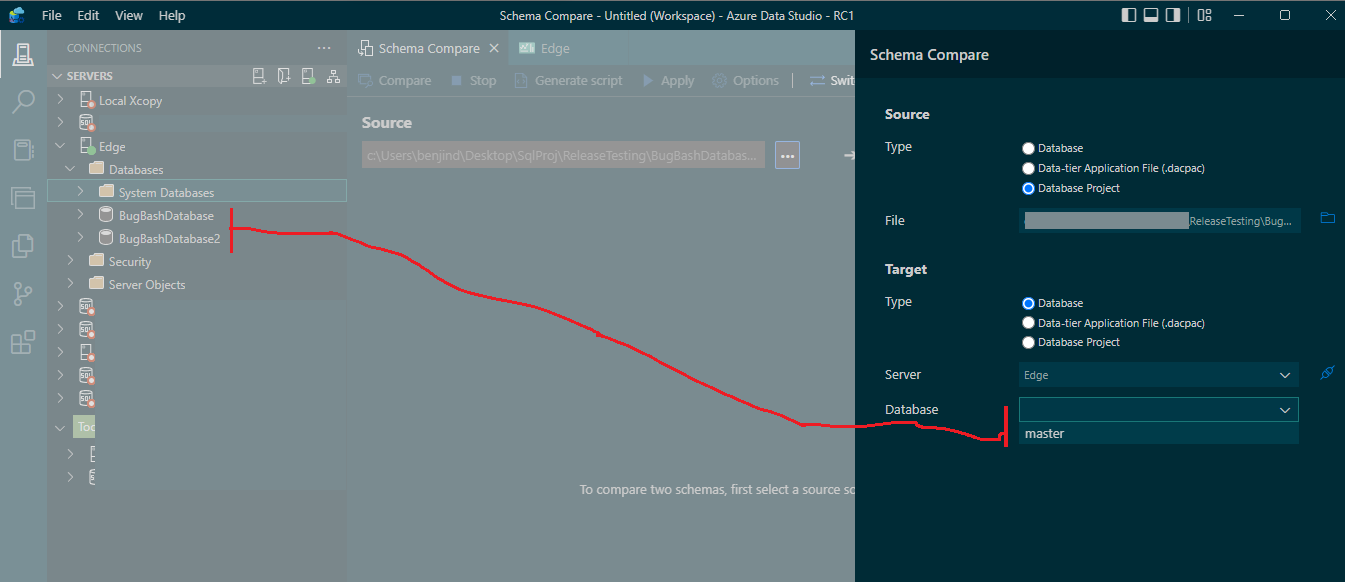 Schema Compare source/target selection only reading "master" db from Edge server · Issue #22635 ...