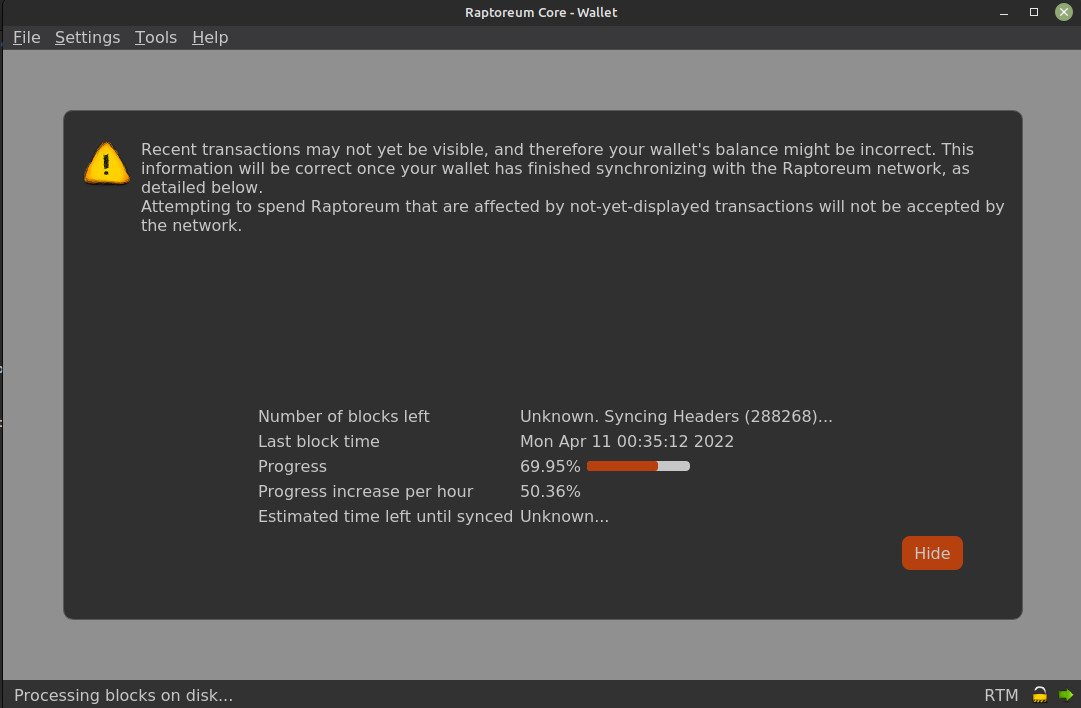 Blockchain sync stuck at 69.95% · Issue #209 · Raptor3um/raptoreum · GitHub