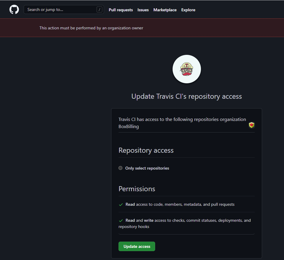 Travis-CI Repository Access Update Requires Organization Owner · Issue #924 · boxbilling ...
