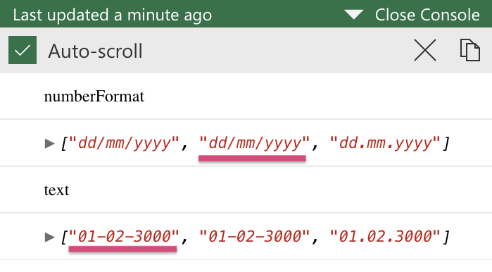 Setting and getting `Range.numberFormat` for a date format gives inconsistent results in Excel ...